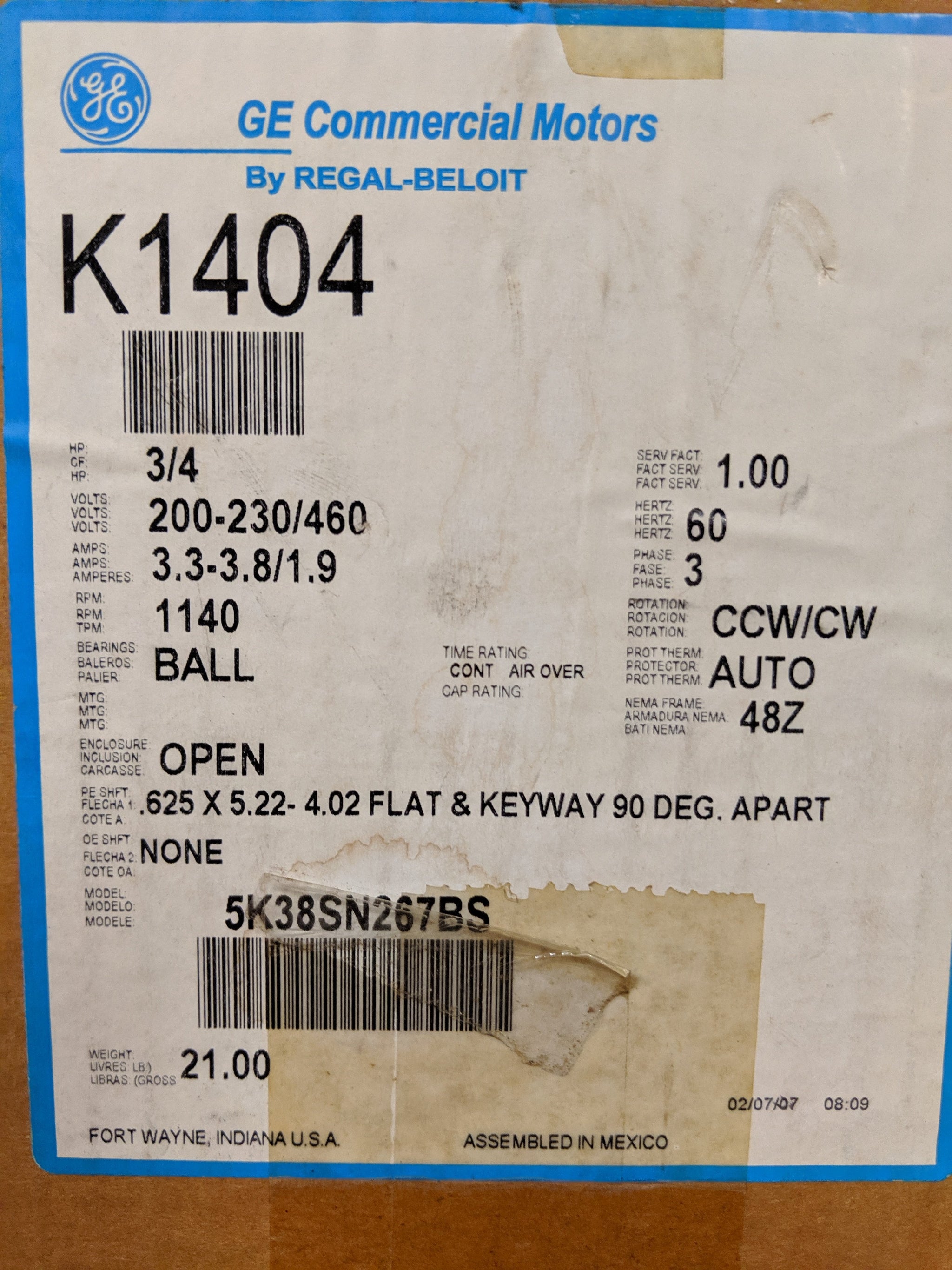 GE Motor K1404, 3/4 HP Motor | Weber Electric Supply