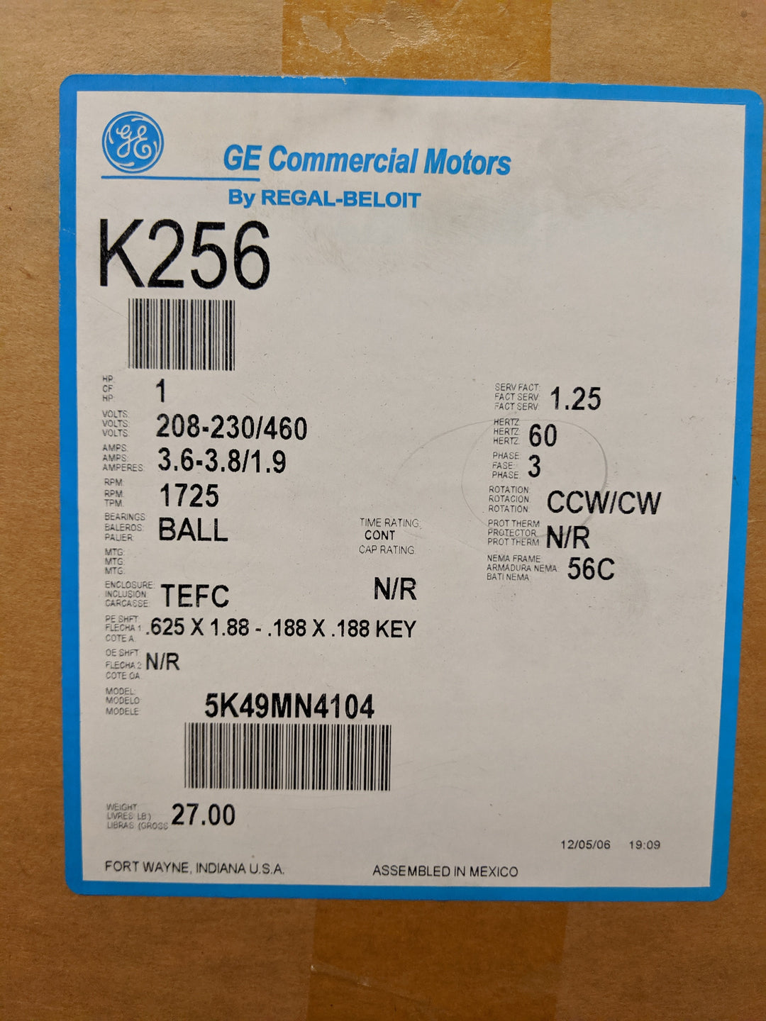 GE Motor K256, 1 HP Motor | Weber Electric Supply