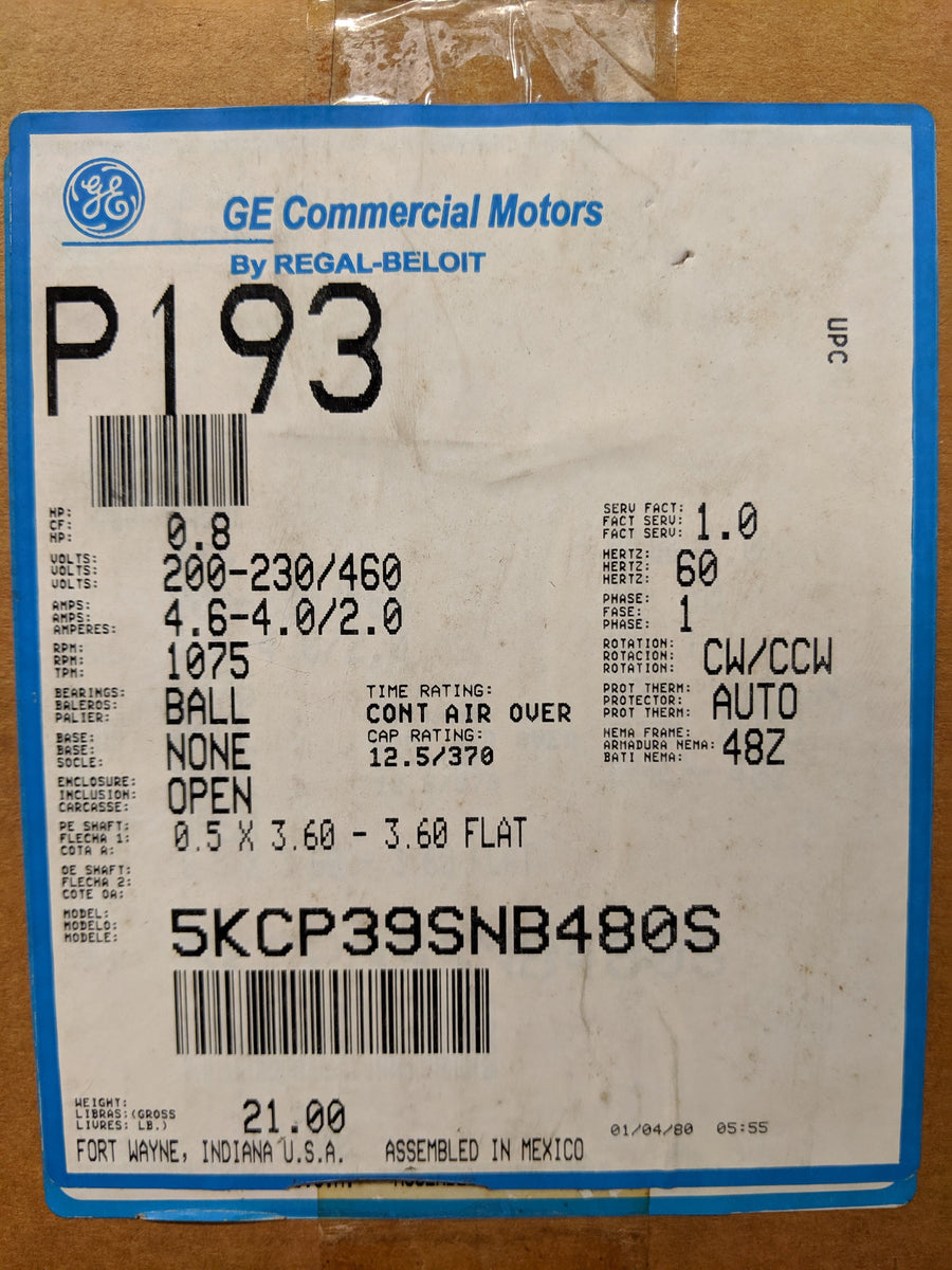 GE Motor P193, .8 HP Motor | Weber Electric Supply