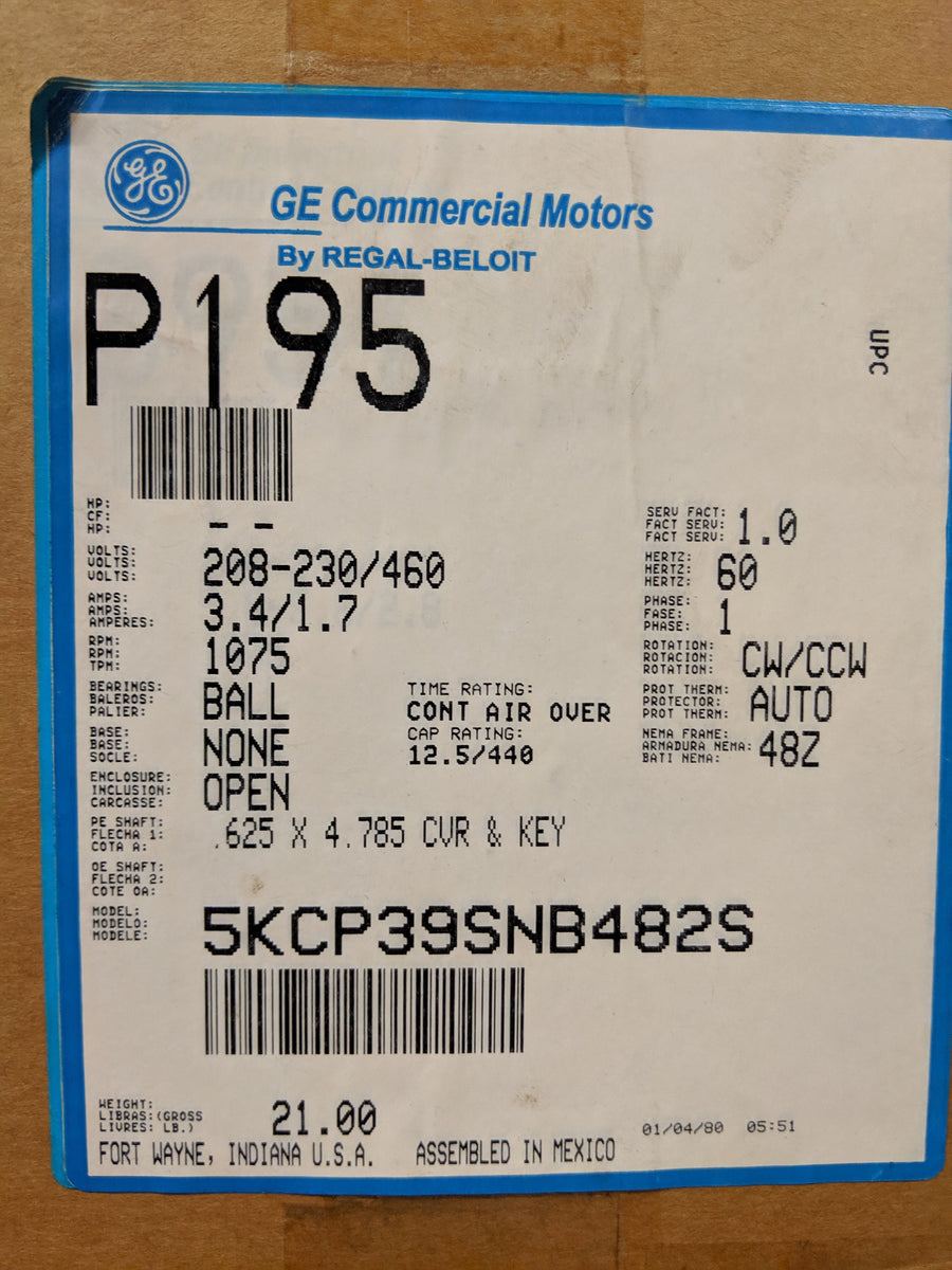 GE Motor P195, -- HP Motor | Weber Electric Supply